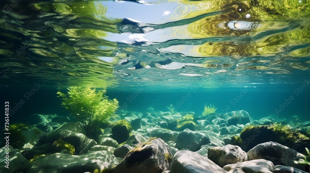 underwater of river natural landscape with stone pebble and water tree ...
