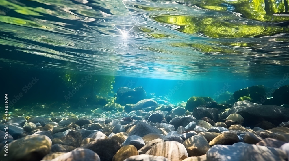 underwater of river natural landscape with stone pebble and water tree ...