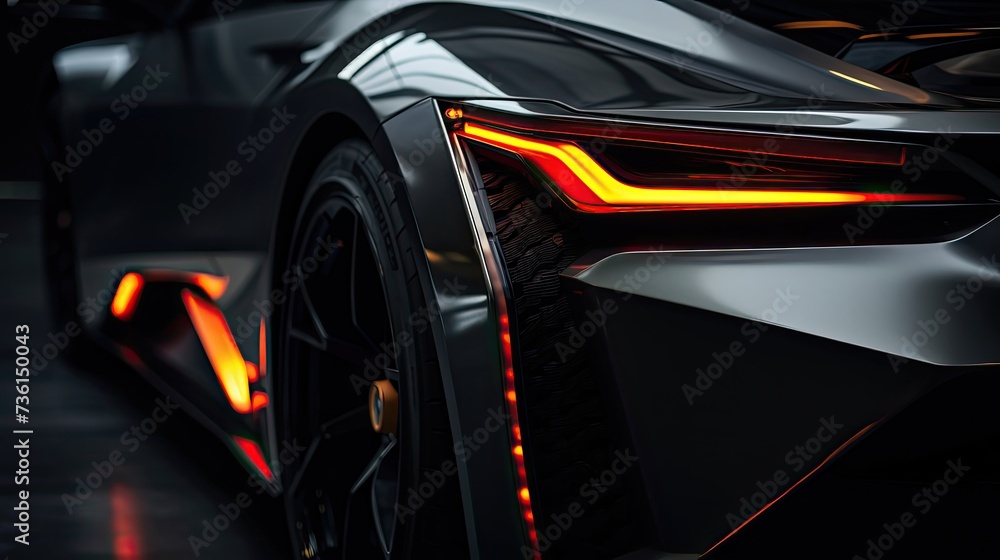 Close up photo of a corner front-end of a futuristic sports car, the ...