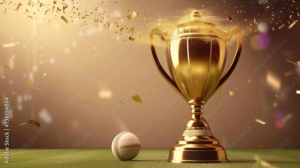 Golden cricket world cup trophy and ball on pitch with stadium ...