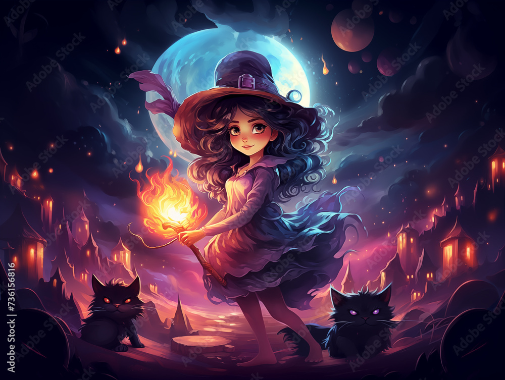 Enchanting Cartoon Illustration of a Young Witch grimalkin and Her ...