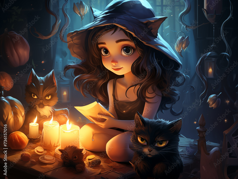 Enchanting Cartoon Illustration of a Young Witch grimalkin and Her ...
