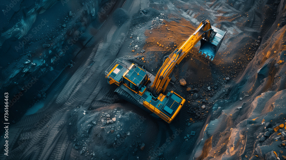 top view Excavator in open pit mining Excavator on earthmoving on ...