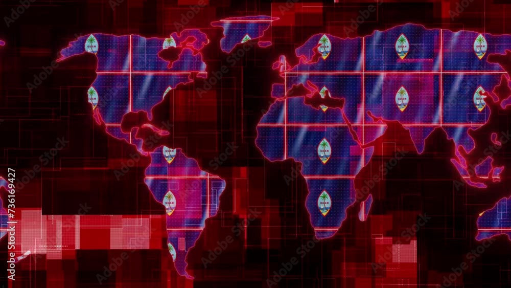 Guam flag earth map glowing technology motion news background Stock ...