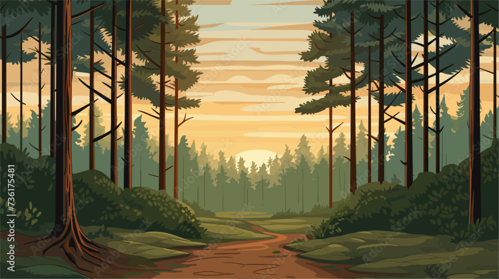 Forest landscape with tall trees and sunlight filtering through ...