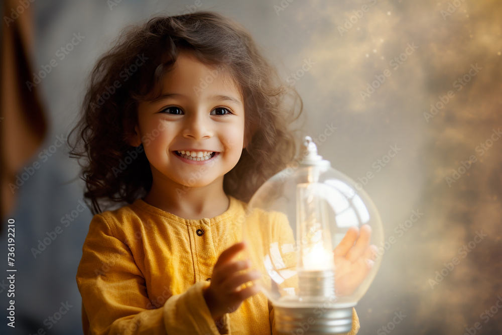 Image with Child and Light Bulb. Joyful girl in yellow shirt holding ...