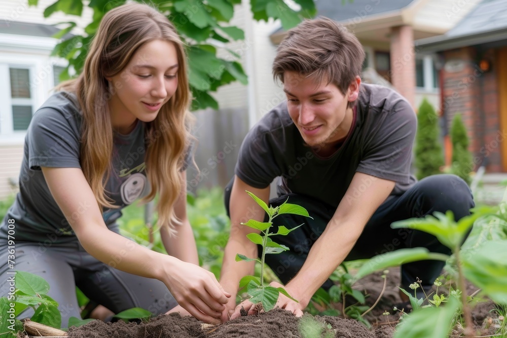 Young couple plants a sapling in the backyard of their first home, a ...