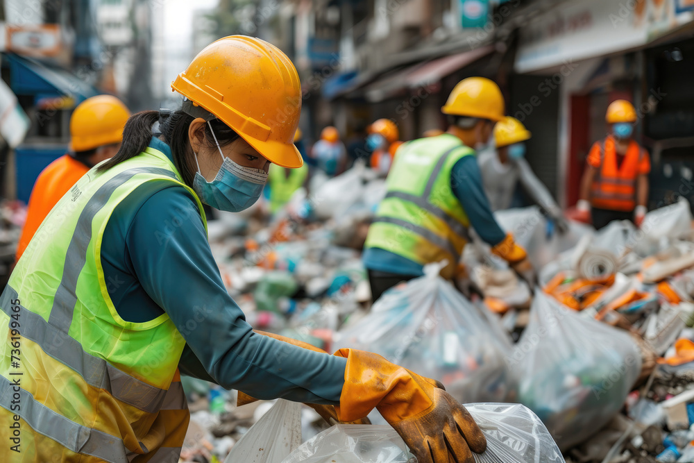 workers wearing hard hats, protective vests and gloves separating and ...