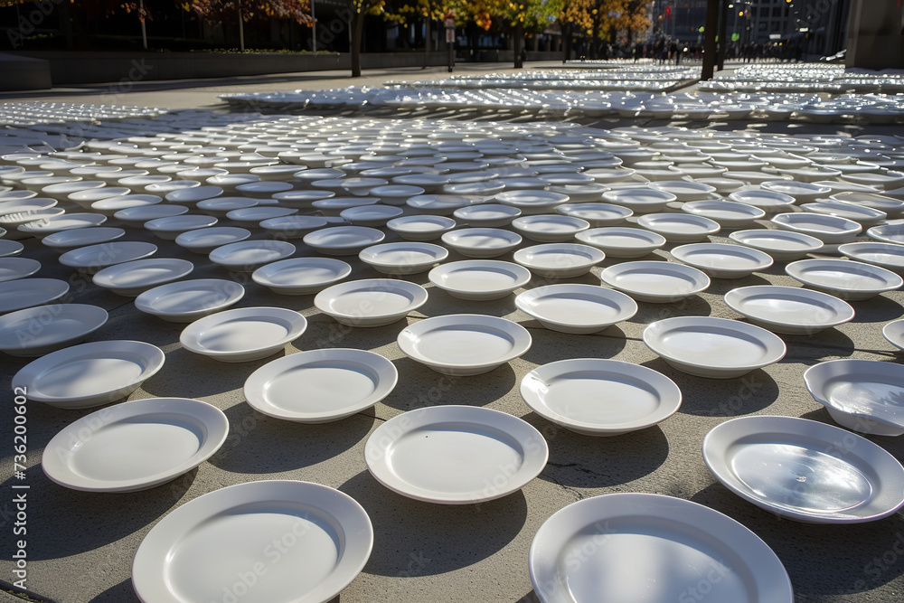 Public installation of empty plates symbolizing hunger - encouraging ...