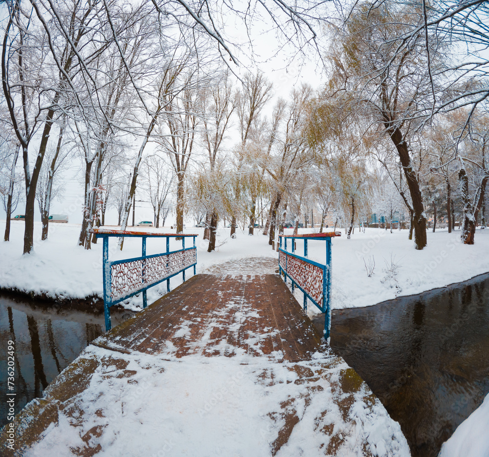 Empty pedestrian bridge on Seret river in Topilche park, Ternopil town ...