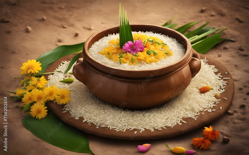 Happy Pongal Celebration Background With Traditional Dish Rice In Mud ...