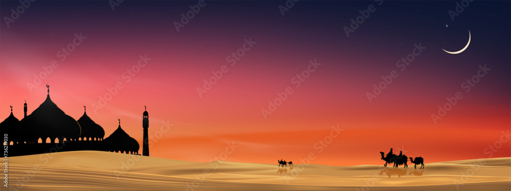 Vetor de Islamic Background,Arab family with camels walking in desert ...