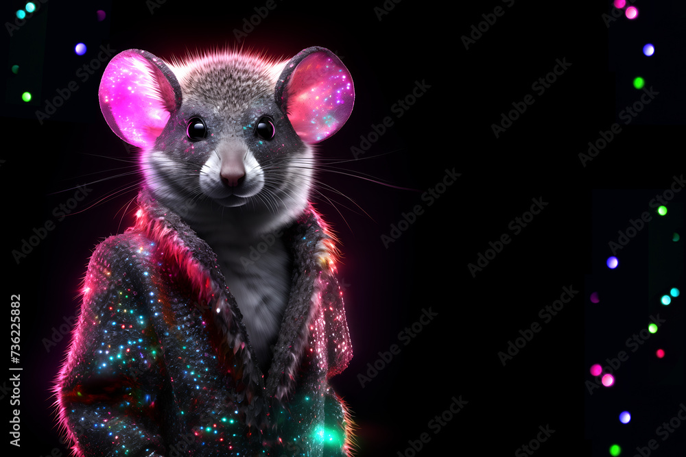 Creative animal concept. Mouse rat in disco neon glitter glam shiny ...