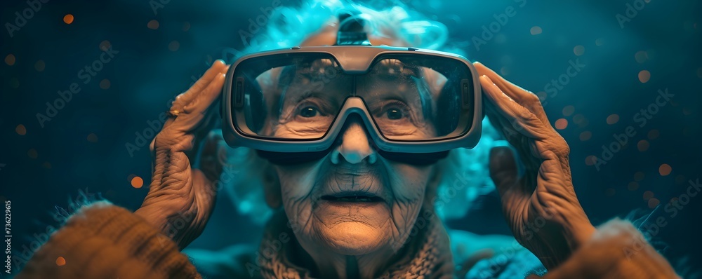Elderly woman embraces joy and adventure through virtual reality ... Elderly woman embraces joy and adventure through virtual reality ...
