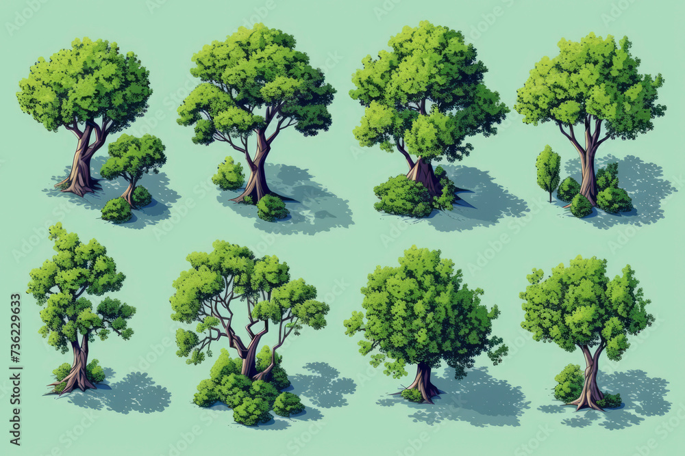 Trees: Isometrically drawn trees, with each side of the trunk and ...