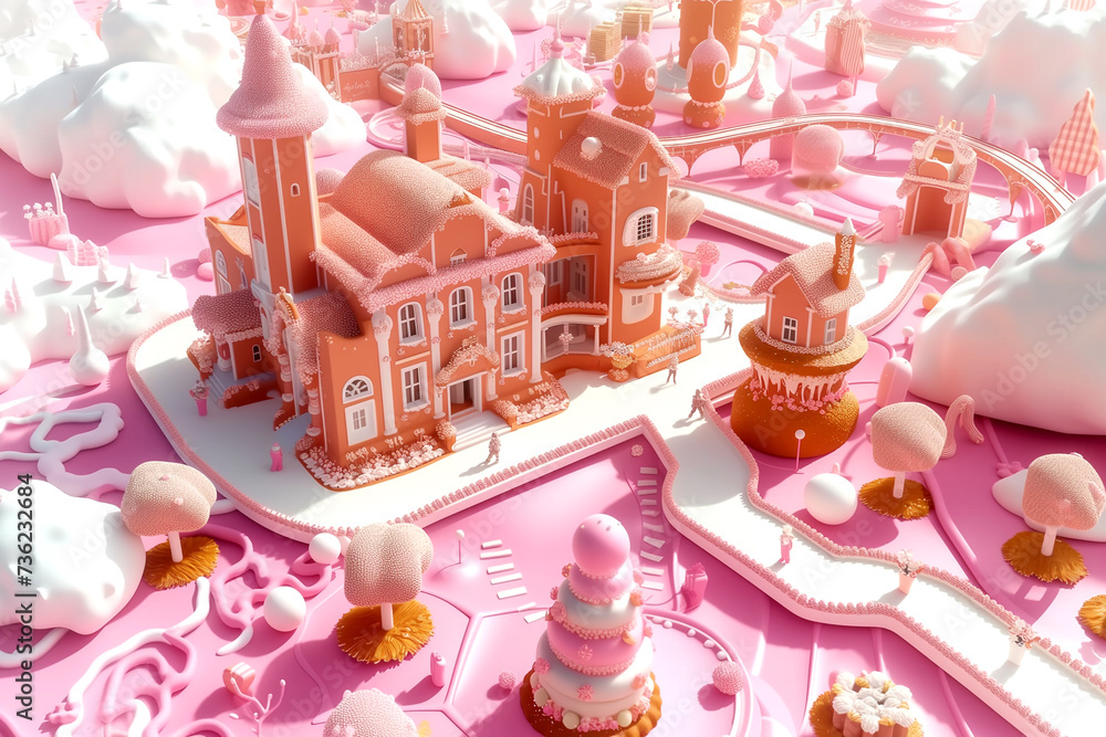 Cartoon fantasy candy land landscape gingerbread houses, ice cream ...