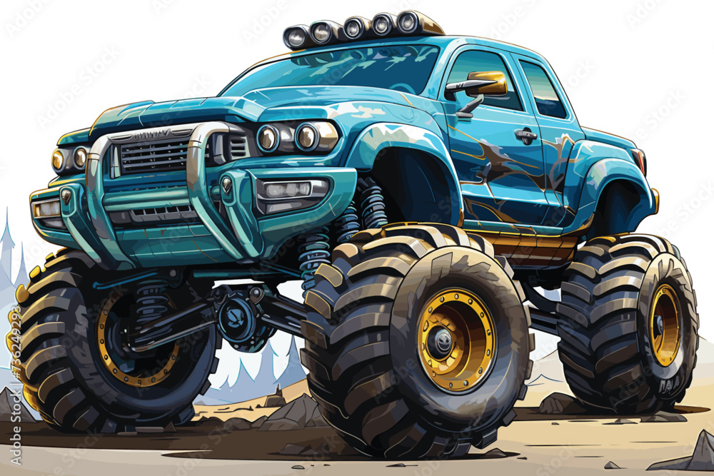 This sticker features a stunning blue monster truck depicted in a ...