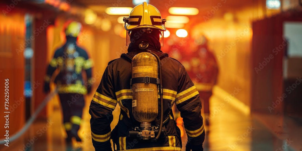 Fire Emergency: Firefighters run Blurred motion. Fire team run with ...