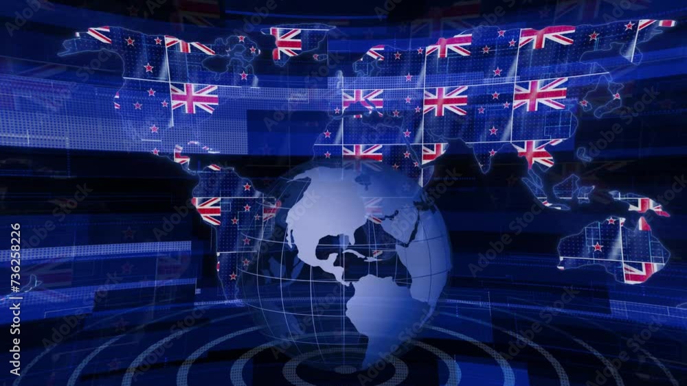 New Zealand flag news technology earth map animated background Stock ...