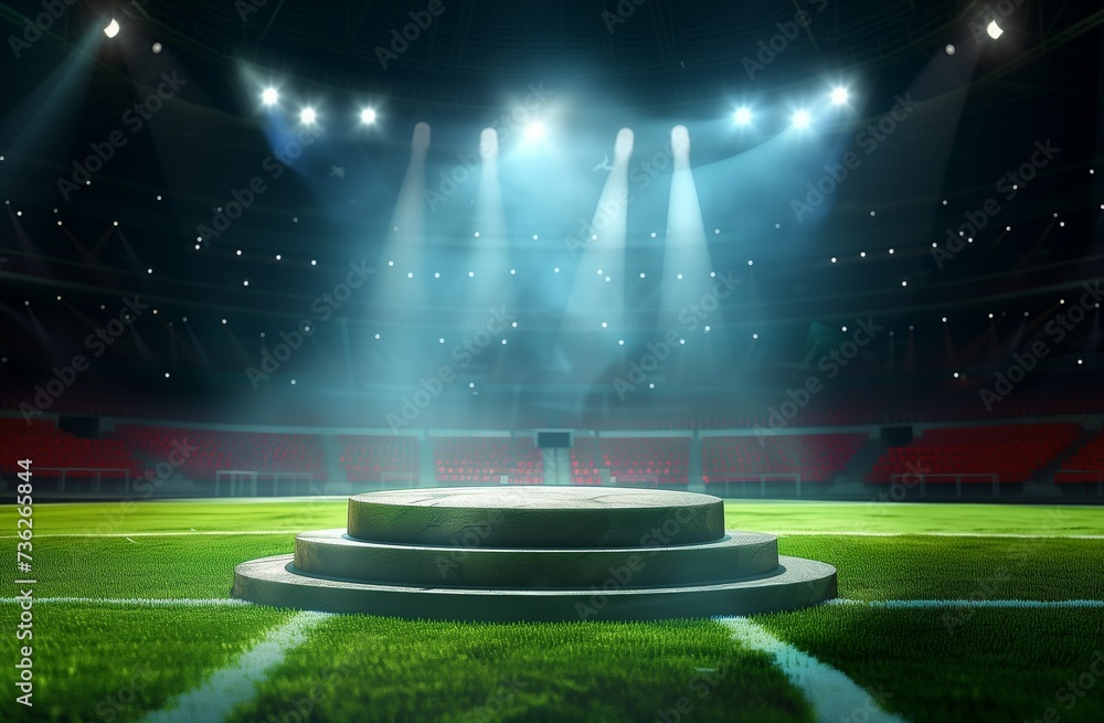 podium in the center of a stadium, surrounded by rows of empty seats ...