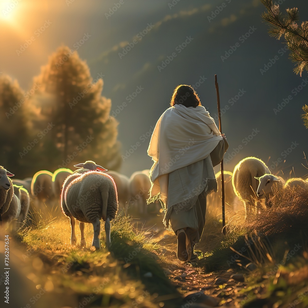 Shepherd Jesus Christ leading the sheep and praying to God and in the ...
