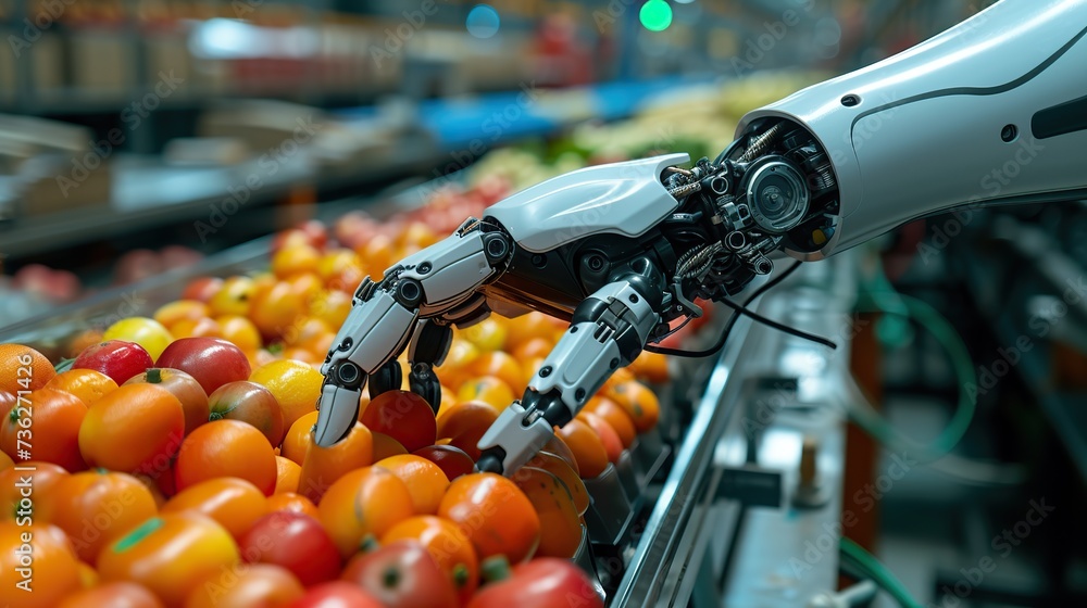 A robotic arm with advanced gripping technology is sorting and handling fruits on a high-speed ...