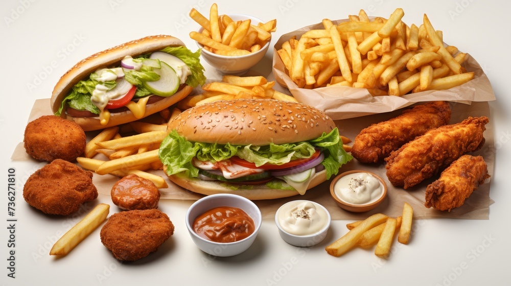 Various fast food items isolated on white background. Fried chicken ...