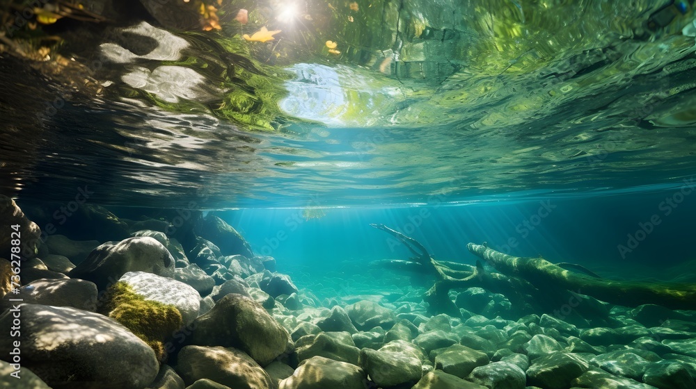 underwater of river natural landscape with stone pebble and water tree ...