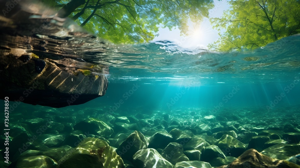 underwater of river natural landscape with stone pebble and water tree ...