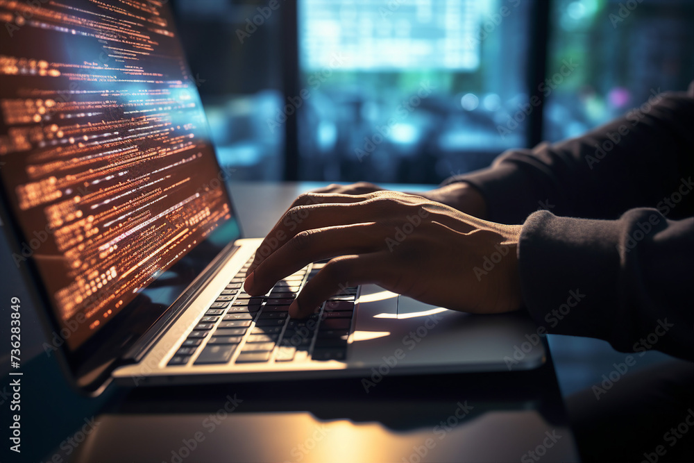 Experienced hacker in action breaking software protection server code ...