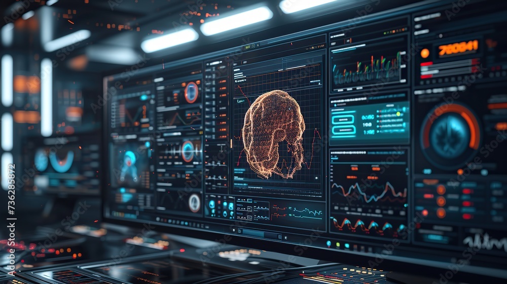 Futuristic interface displaying a neural network analysis with a holographic brain and various ...