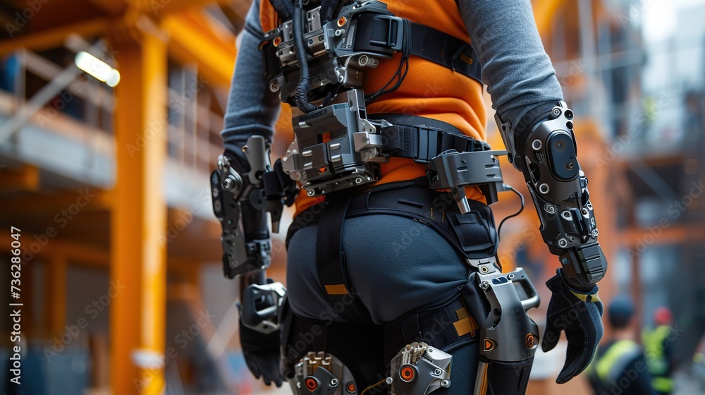 Back view of a construction worker wearing a robotic exoskeleton suit ...