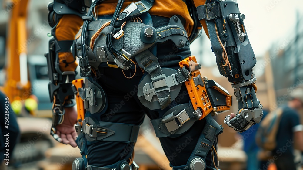 Close-up of a construction worker donning a sophisticated robotic ...