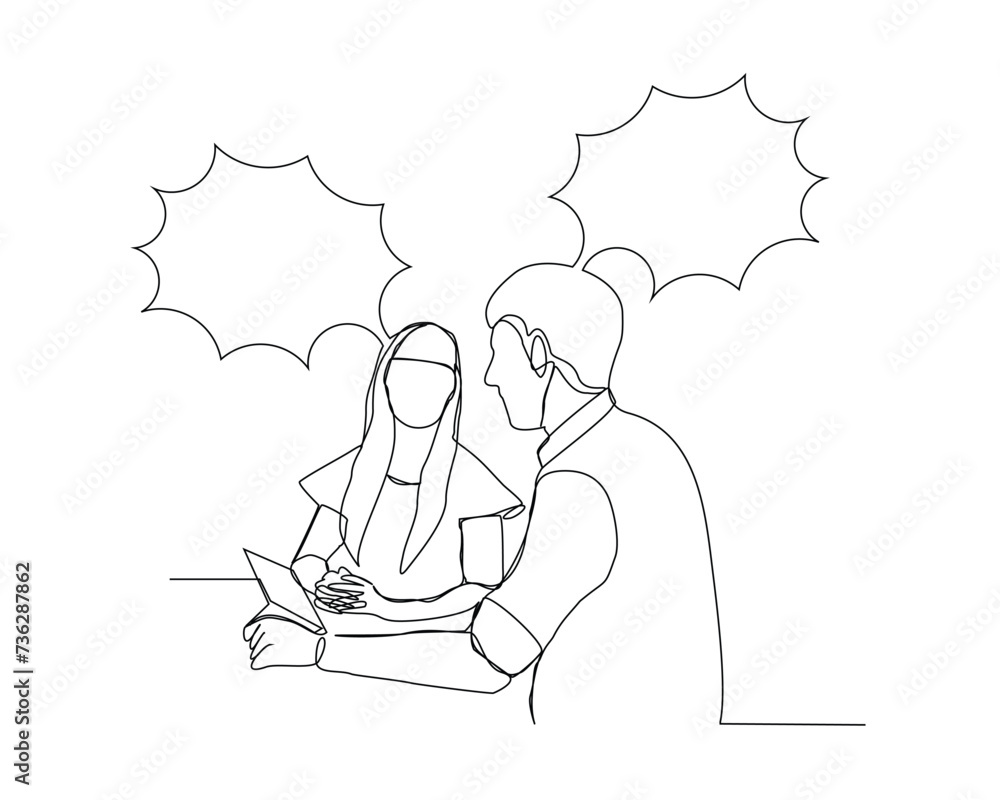 Continuous single line sketch drawing of two man and woman coworker ...