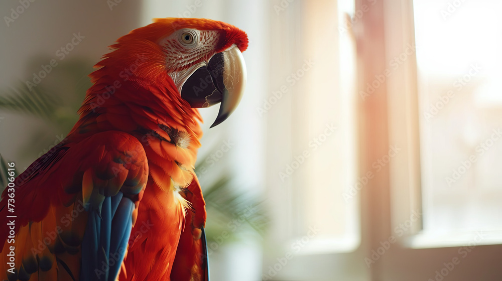 Bright beautiful red and blue macaw parrot side view in a beautiful ...
