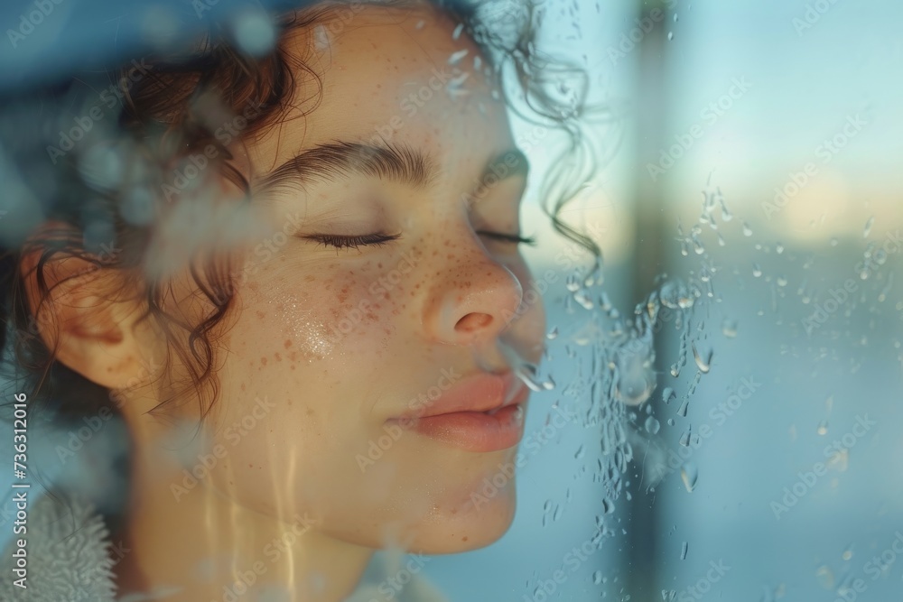 A woman's closed eyes peer through a blurred, wet window, her delicate ...
