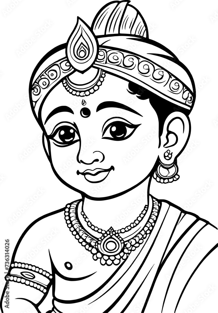 Little Krishna coloring page line drawing vector design, Outline baby ...