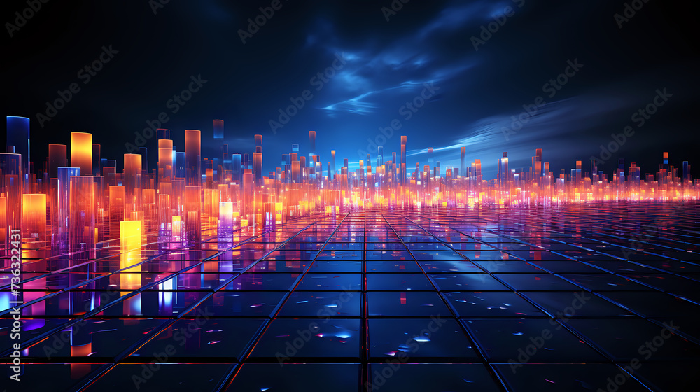 Futuristic Cityscape in Neon Glow. A digital cityscape bathes in neon ...