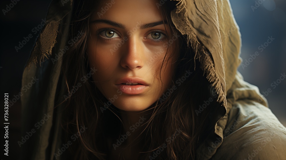 A captivating portrait of a young woman in a medieval rag cloak, gazing ...