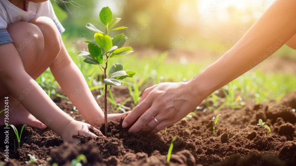 young child planting a tree sapling with the guidance of an adult on ...