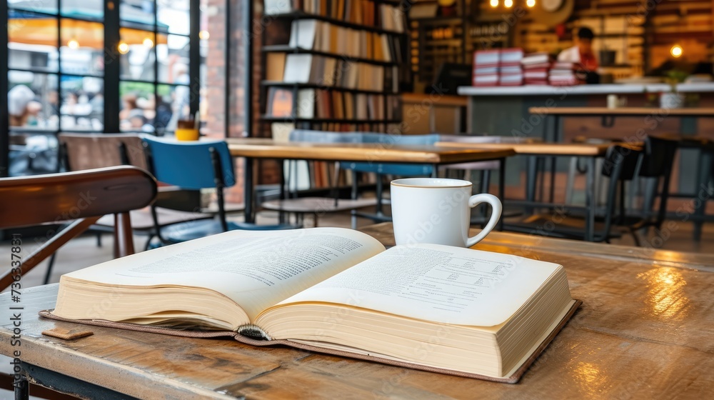 book in a library. A cup of coffee next to an open book in the ...