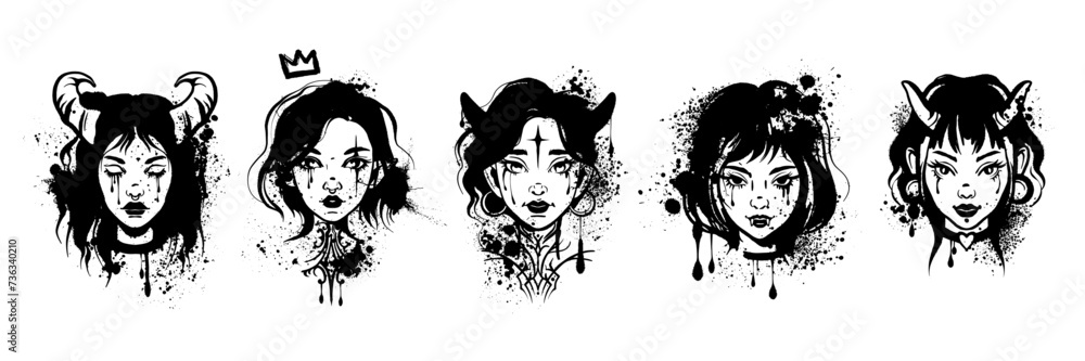 Anime girl face sticker set, vector Japanese manga character, cute ...