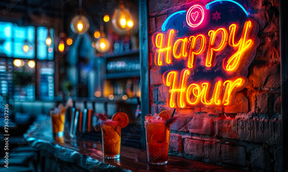 Vibrant neon sign with the words Happy Hour and colorful symbols ...