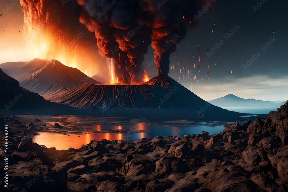 disaster scene of volcanos, illustration force of nature - concept art ...