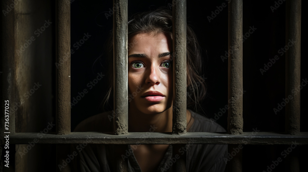 Sorrowful female inmate sad behind bars desperately asking to released ...