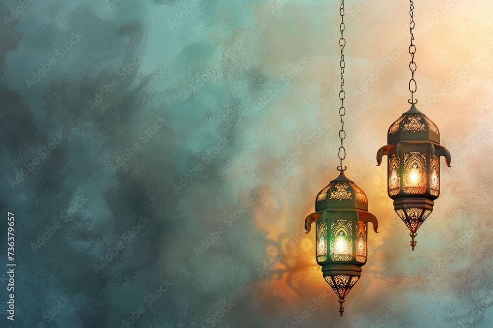 Islam people in ramadhan with a lantern on the mosque, food, happpy ...