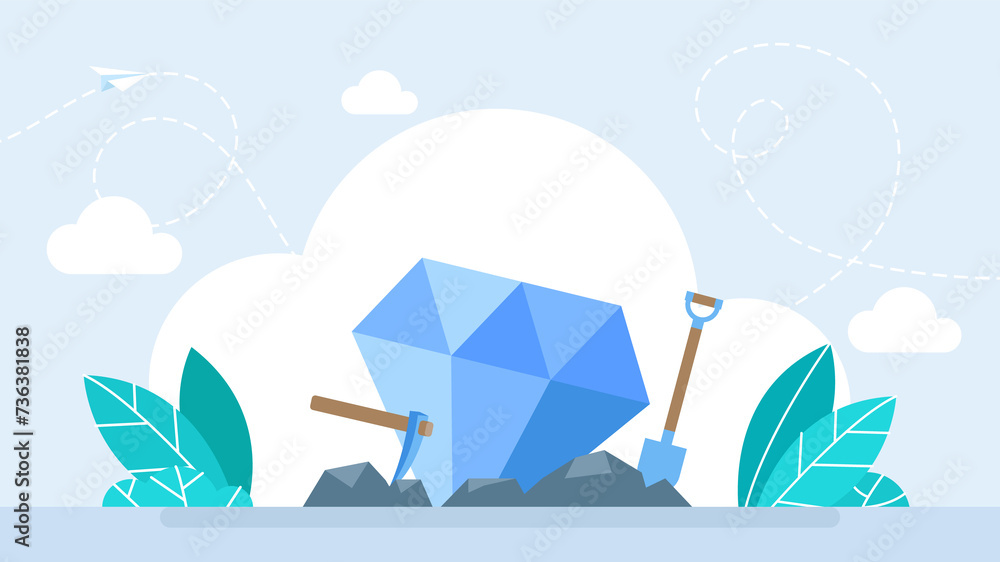 Blue diamond. Shovel and pickaxe with wooden handle for extraction ...