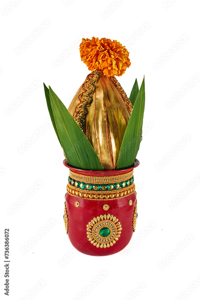 Traditional clay Kalash isolated on white. Hindu and Jain ritual ...