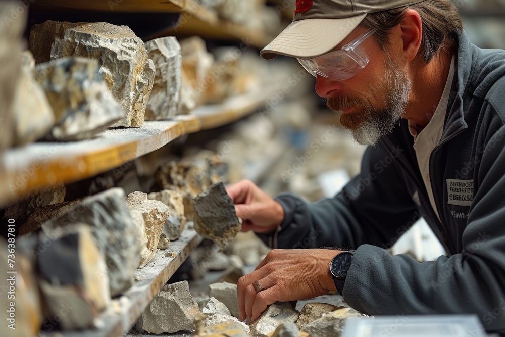 An elder male geologist with a beard meticulously inspects a rock ...