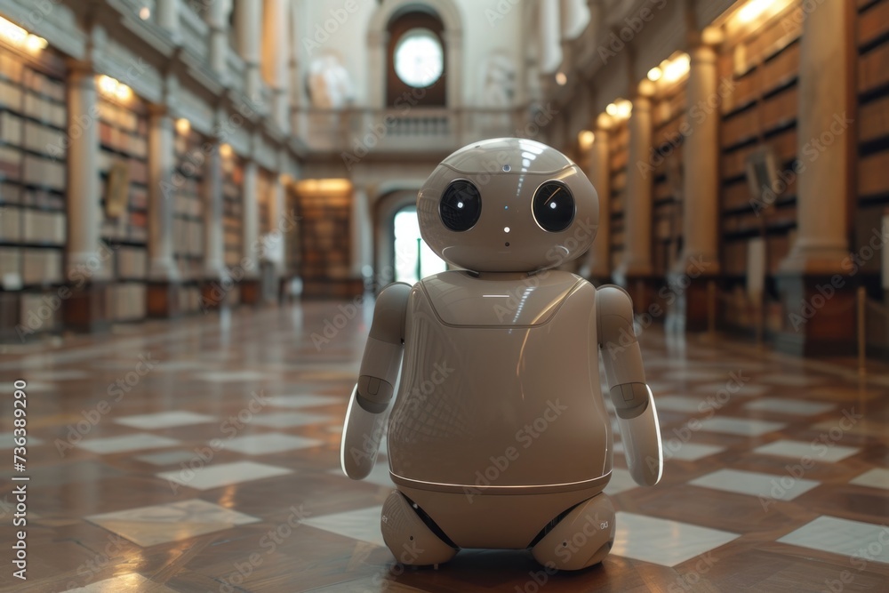 A futuristic robot guide with a sleek design stands in a grand hall ...